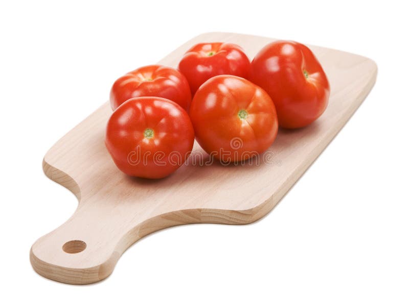Five Fresh Red Tomatoes on Cutting Board Stock Photo - Image of salad ...