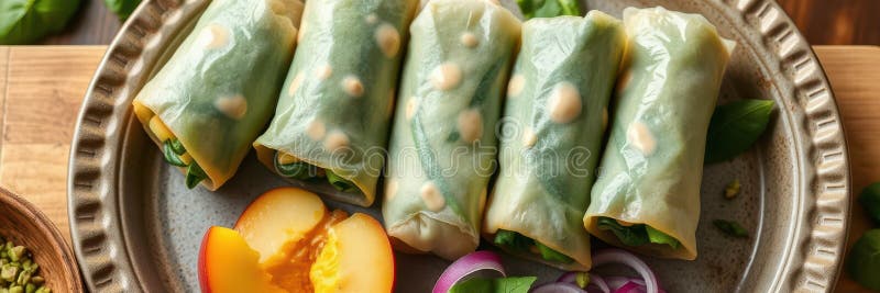 Five Fresh Spring Rolls are Arranged on a Plate with a Slice of Peach ...