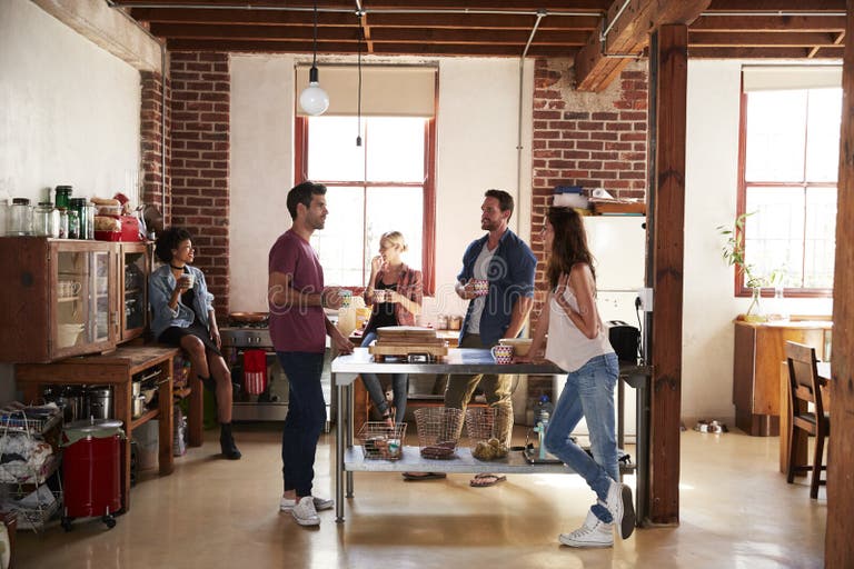 Five Friends Talking Over Coffee in Kitchen, Full Length Stock Image ...