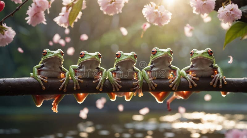 Four Red-Eyed Tree Frogs Perched on a Branch Amidst Cherry Blossoms ...