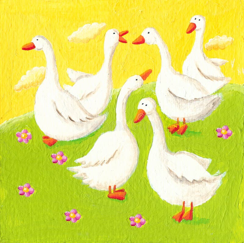 Five funny geese stock illustration. Illustration of poultry - 19454538