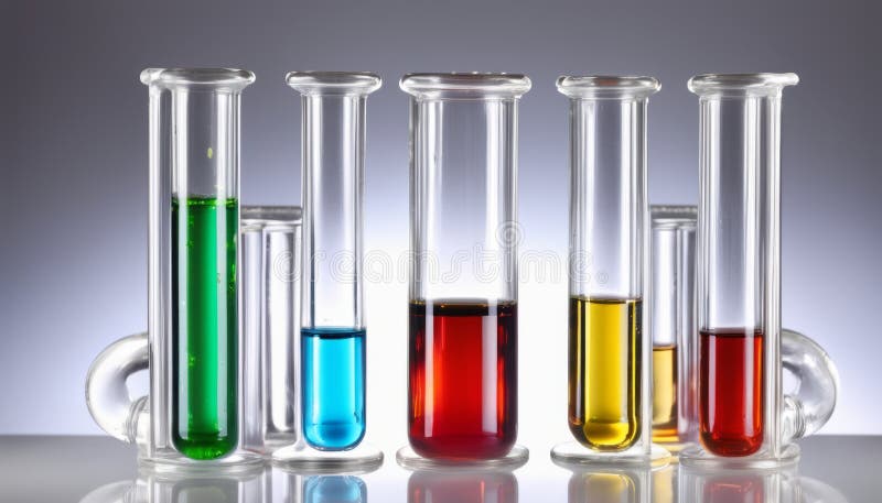 Five Glass Beakers Filled with Different Colored Liquids Stock ...
