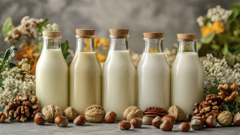 Five Bottles of Plant Based Milk with Nuts and Flowers Stock ...