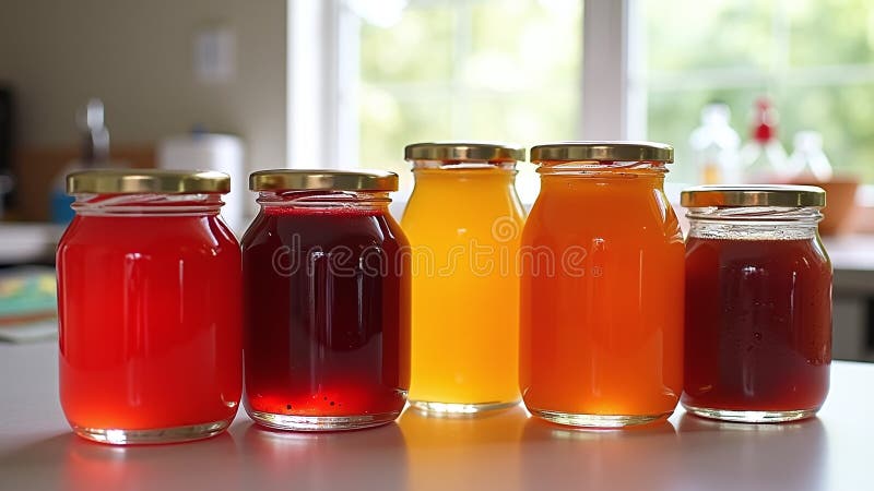 Five Glass Jars Filled with Colored Liquids on White Surface Stock ...