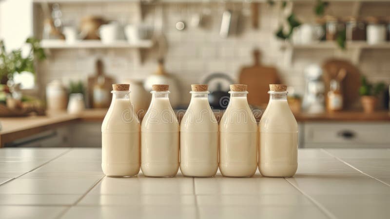 Five Glass Milk Bottles on a Kitchen Countertop. Stock Photo - Image of ...