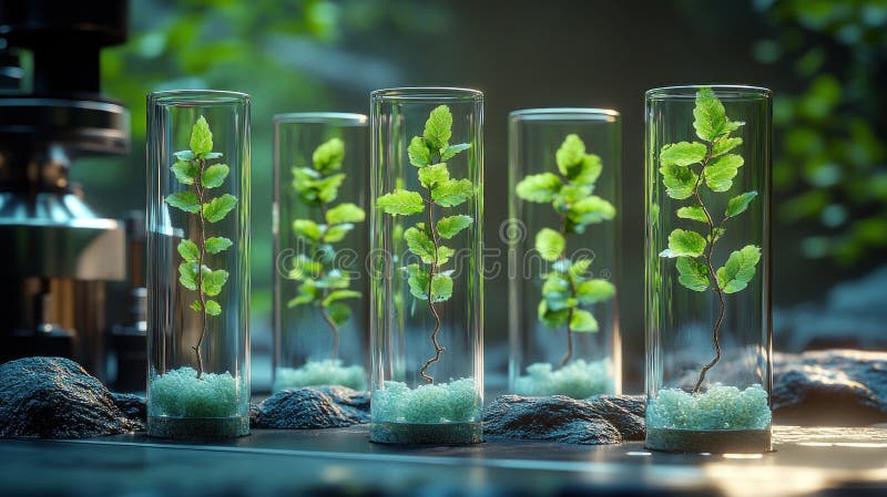 Five Glass Test Tubes with Small Green Plants Growing in Them. they are ...