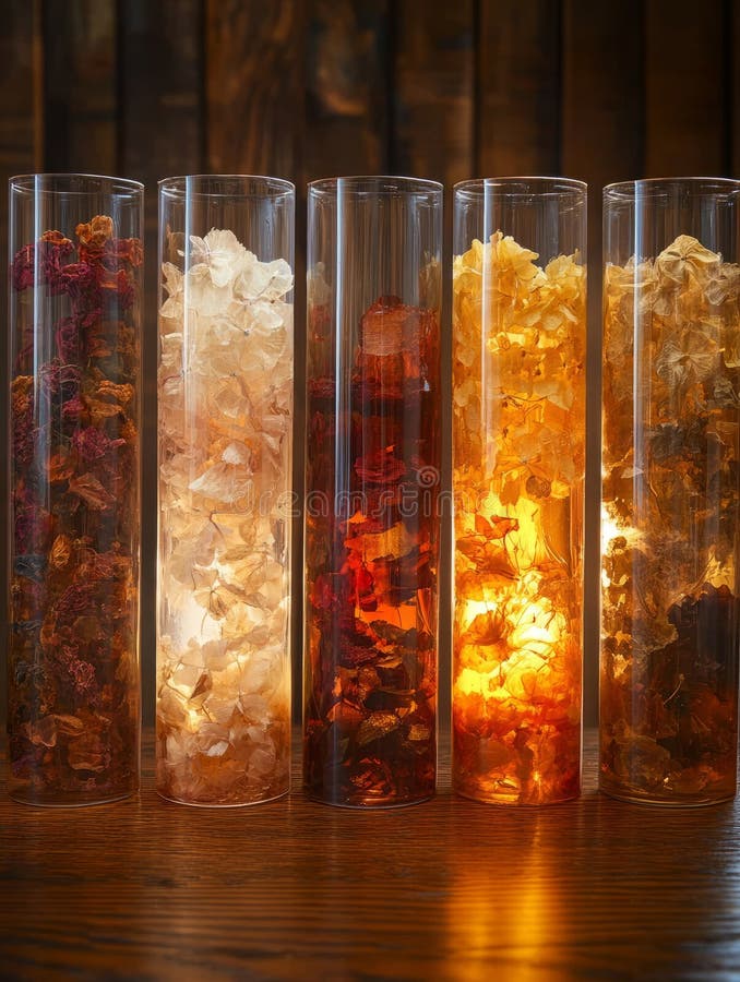Five Glass Vases Filled with Dried Petals, Softly Lit. Stock Photo ...