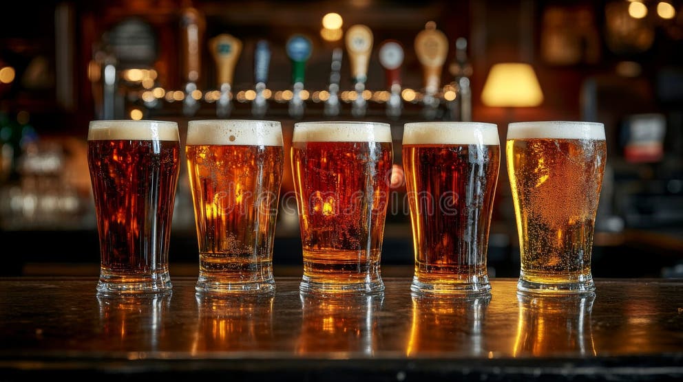 Five Glasses of Assorted Craft Beers Displayed in a Cozy Pub Setting ...