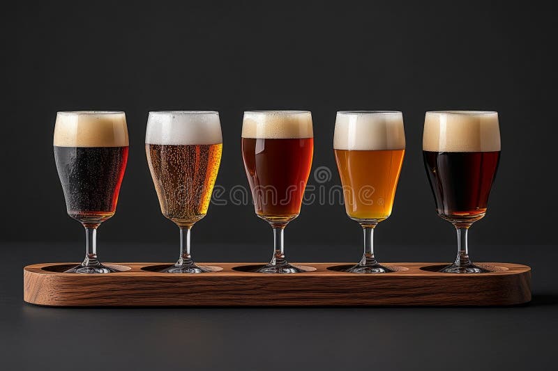 Five Glasses of Beer Resting on Wooden Tray for Beer Tasting Event ...