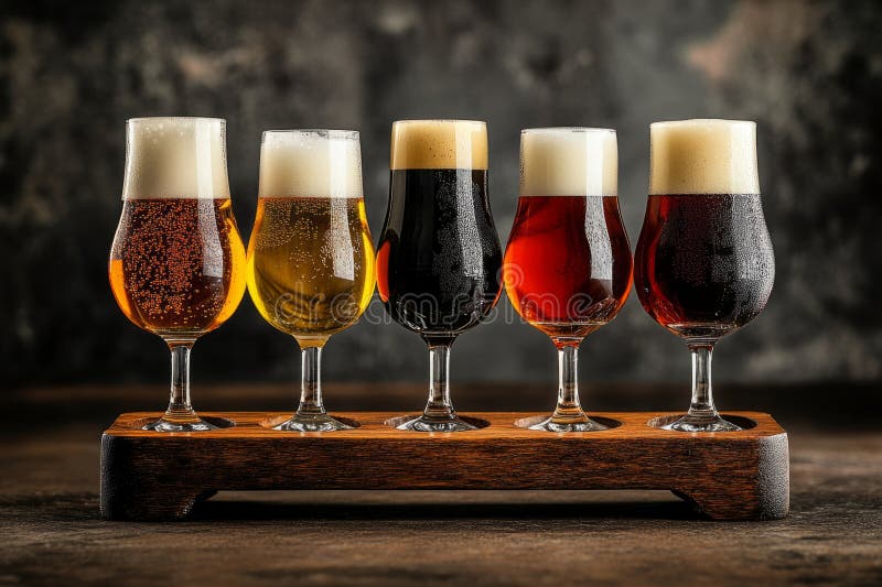Five Glasses of Craft Beer on Wooden Flight on Bar Stock Photo - Image ...
