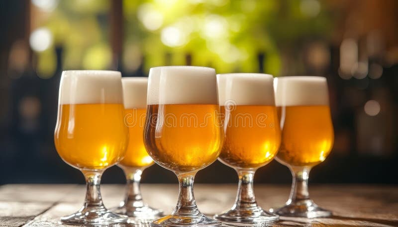 Five Glasses of Draft Beer on Bar Counter with Blurred Background ...