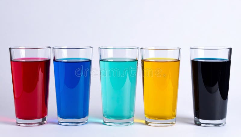 Five Glasses of Vibrant Colored Liquid on White Background Stock ...