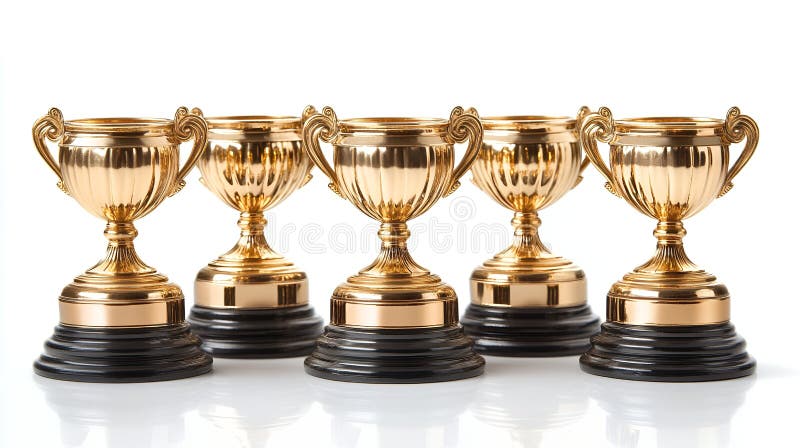 Five Gleaming Golden Trophies Stand in a Row Stock Illustration ...