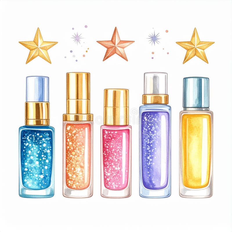 Five Glitter Perfume Bottles with Gold Stars Stock Illustration ...