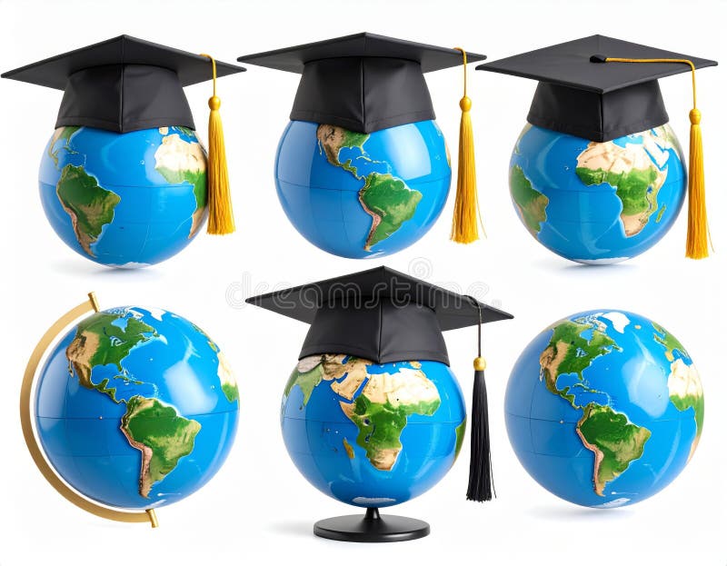 Five Globes with Graduation Caps on White Background Stock Illustration ...