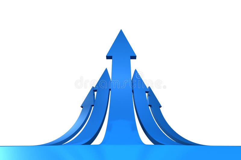 Five Glossy Blue Arrows are Rising from Reflective Gradient Plane in 3D ...