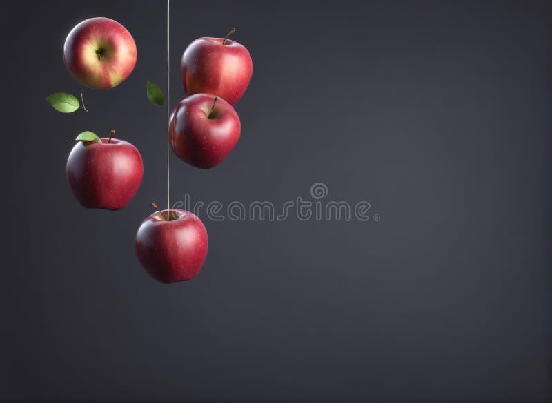 Five Glossy Red Apples Hanging on Strings in a Minimalistic Background ...