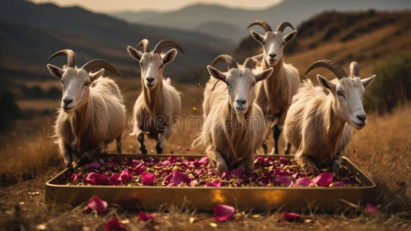 Five Adorable Goats Enjoying Rose Petals Stock Illustration ...