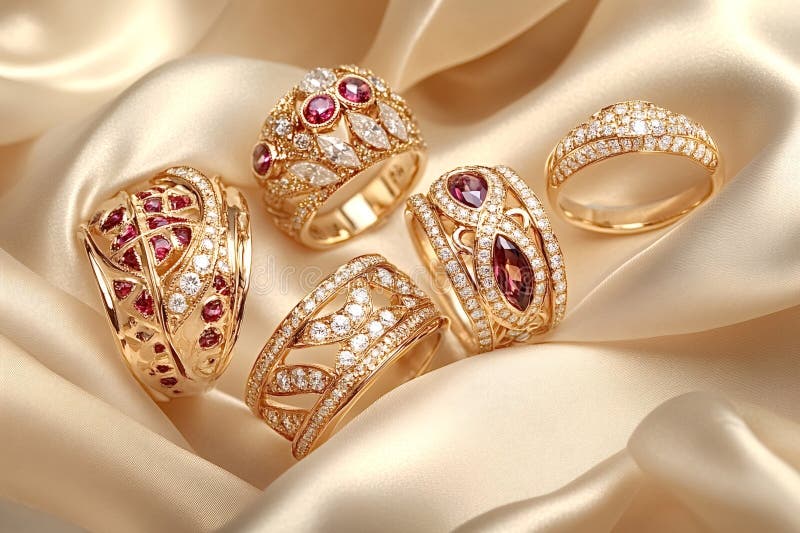 Five Gold Rings with Diamonds and Rubies Resting on Silk Fabric Stock ...