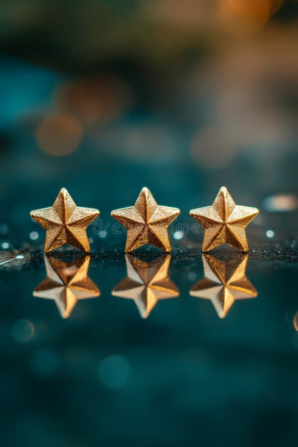 Five Gold Stars Reflecting on a Polished Surface, Symbolizing ...