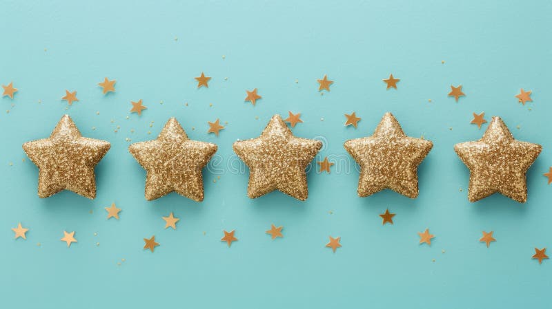 Five Golden Glitter Stars on a Turquoise Background Stock Photo - Image ...