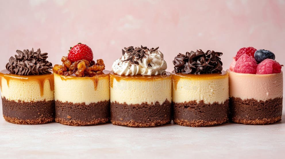 Five Gourmet Mini Cheesecakes with Various Toppings in a Row. Stock ...