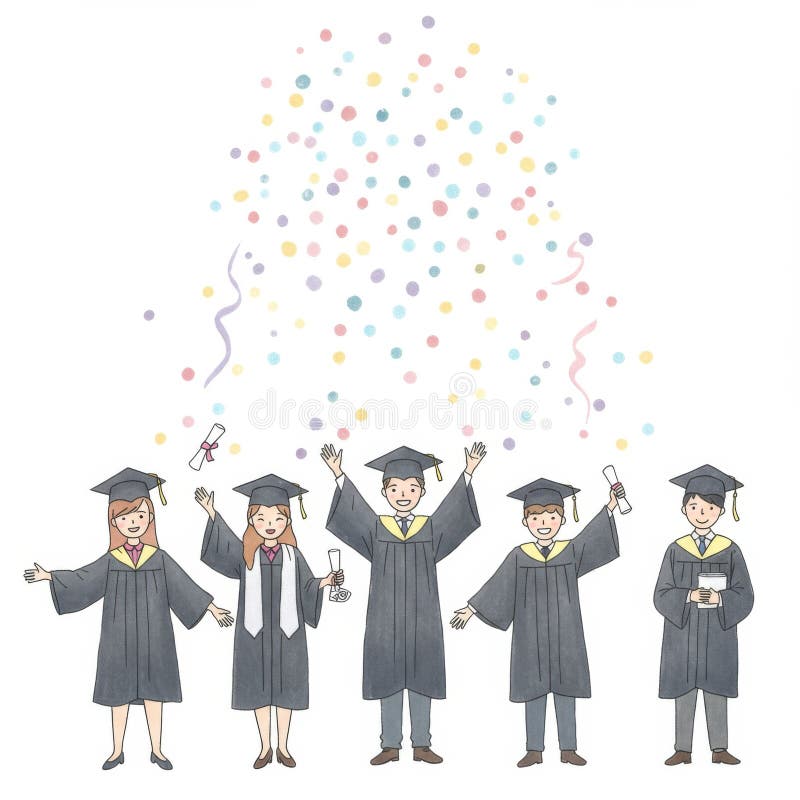 Five Graduates Celebrating with Confetti Stock Illustration ...
