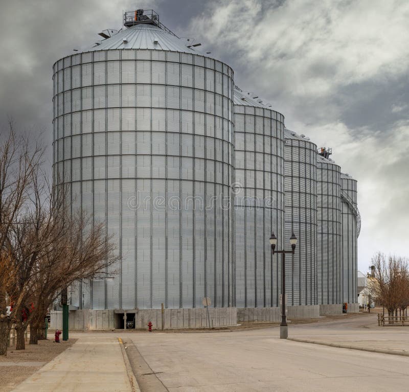 Five Grain Silos with Street Lamp Stock Image - Image of storage ...