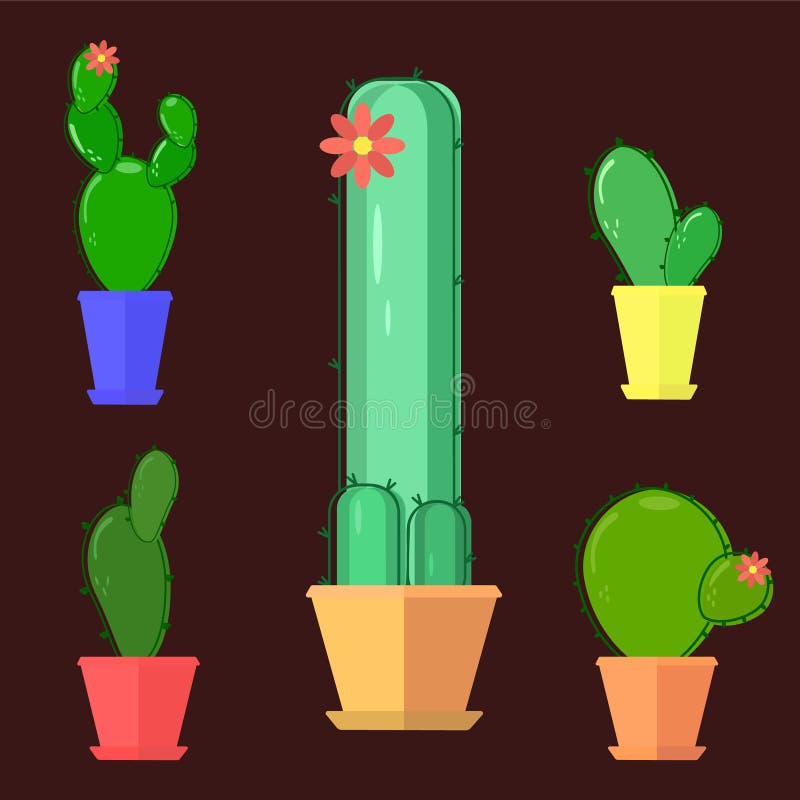 Five Green Cacti in Colored Pots. Vector Set Stock Vector ...