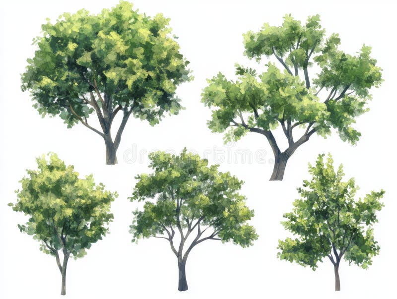 Five Green Deciduous Trees on White Background Stock Illustration ...