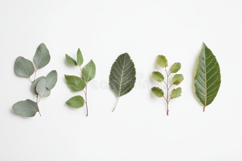 Five Green Leaves Arranged in a Row on a White Background Stock ...