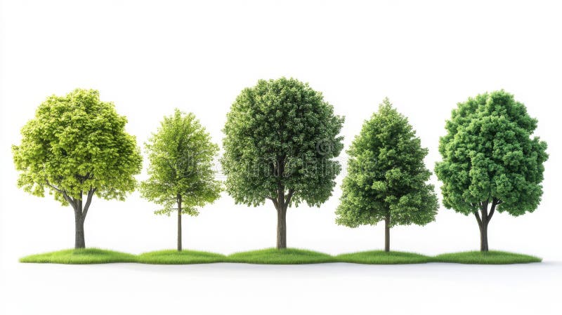 Five Green Trees Growing in a Row on White Background Stock ...