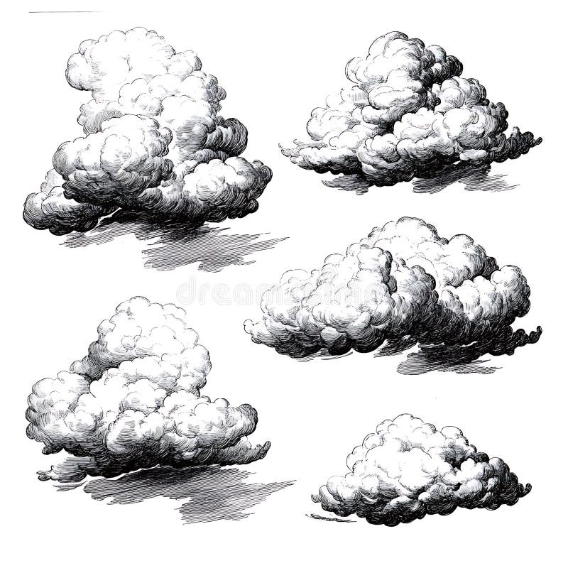 Five Hand-drawn Cumulus Clouds, Monochrome Ink Sketch Stock ...