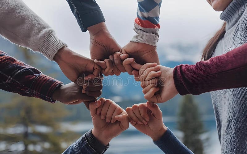 Five Hands of Different Skin Tones are Interlocked, Forming a Circle ...