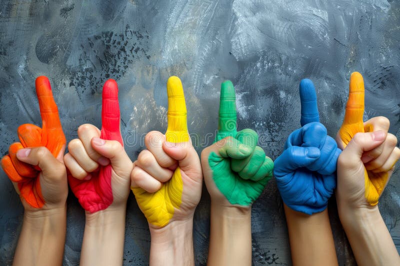 Five Hands with Fingers Painted in Multiple Colors Pointing Upwards ...