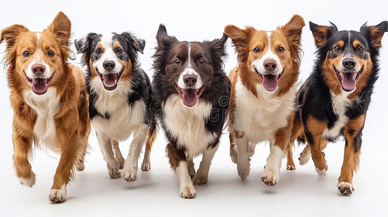 Five Happy Dogs Running Towards the Camera on White Background Stock ...