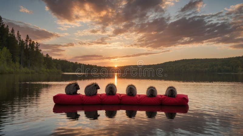 Seven Hedgehogs on a Red Raft at Sunset on a Lake Stock Illustration ...