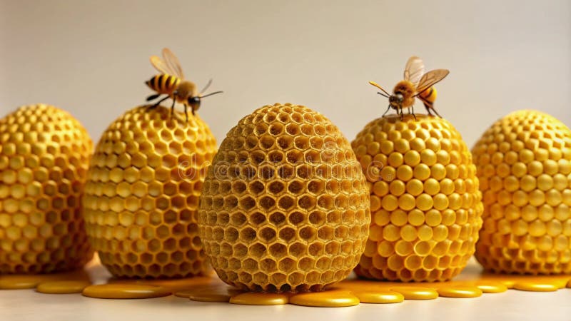 Five Honeycombs in Egg Shape with Bees on Top and Honey Dripping Stock ...