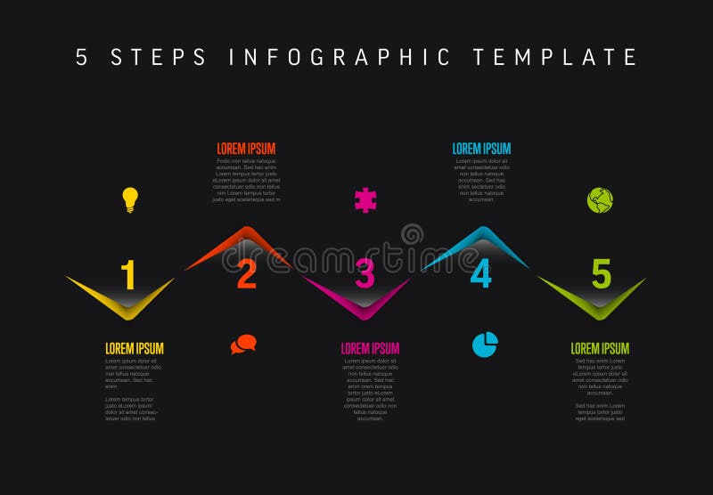 Five Horizontal Corner Steps Elements Template with Icons on Black ...