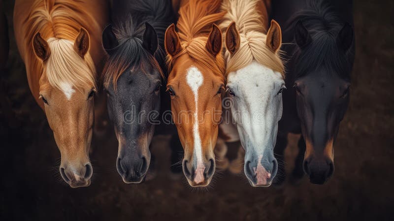 Five Horses of Different Colors Standing Together Under Soft Lighting ...