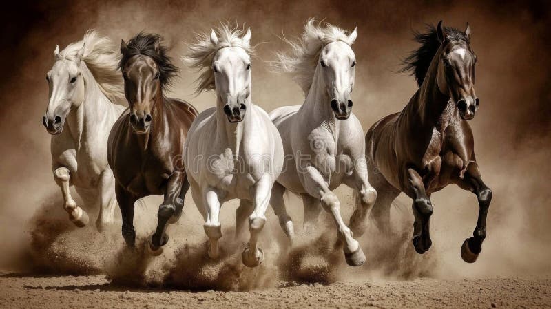 Five Horses Running in Desert Dust Stock Illustration - Illustration of ...