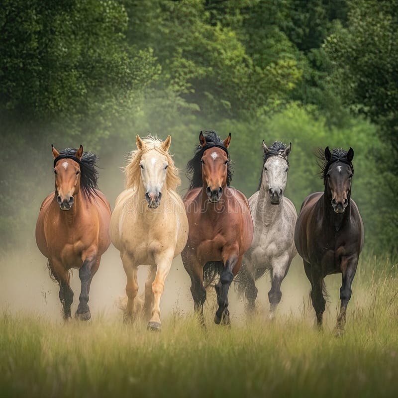 Five Horses Running in a Field Stock Illustration - Illustration of ...