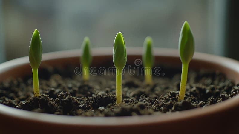 Five Hosta Sprouts Emerging from Dark Soil in Terracotta Pot, New Life ...