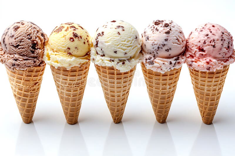 Five Ice Cream Cones with Different Flavors, Arrayed, Isolated on White ...