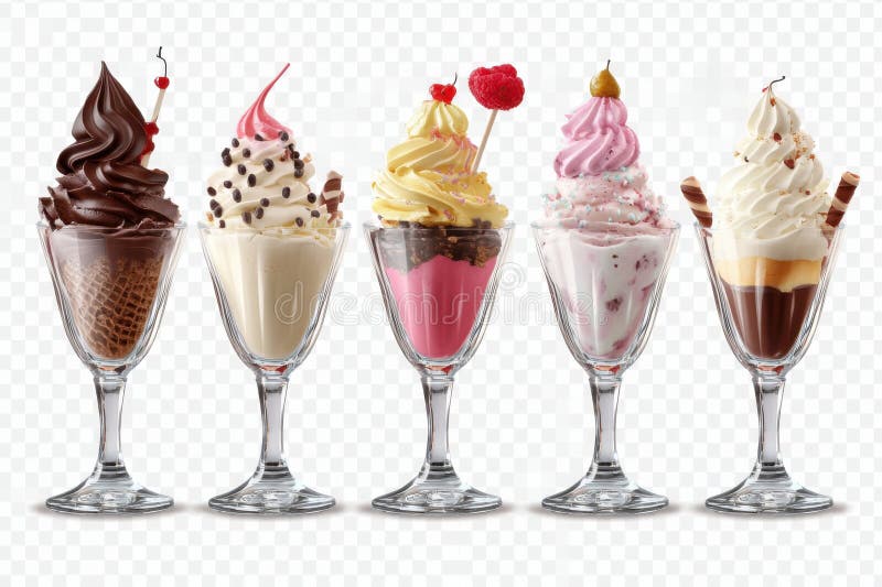 Five Ice Cream Sundaes with Various Toppings and Flavors are Presented ...