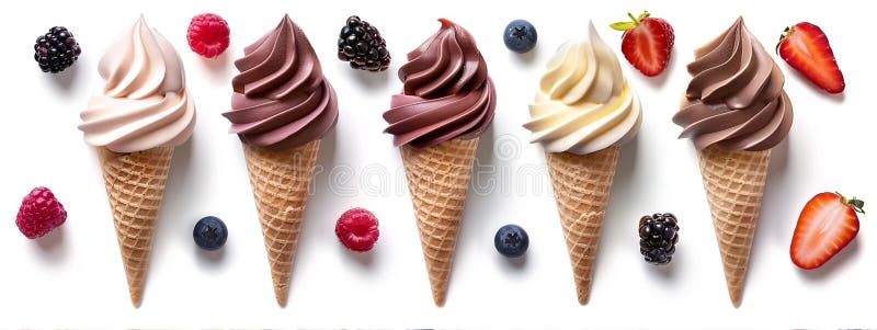Five Ice Creams in a Cone, Vanilla, Berry and Chocolate on a White ... Five Ice Creams in a Cone, Vanilla, Berry and Chocolate on a White ...