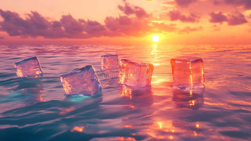 Five Ice Cubes Floating on Calm Ocean Water at Sunset Stock ...