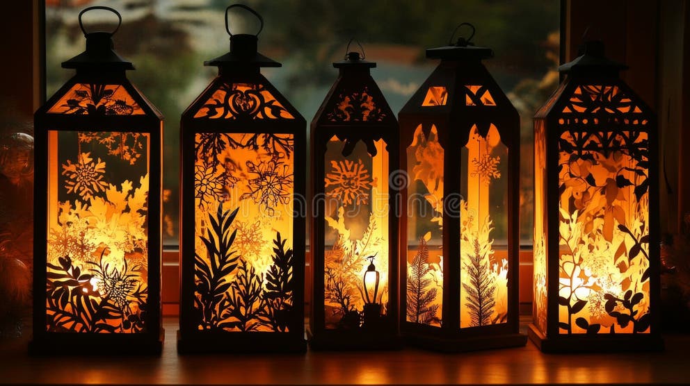 Five Illuminated Lanterns with Intricate Floral Designs Stock ...