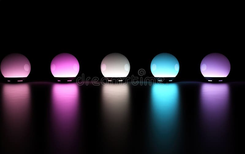 Five Illuminated Spheres in Gradient Colors Creating a Colorful Display ...