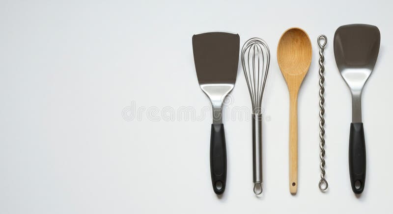 Five Kitchen Utensils are Arranged Vertically Against a White ...